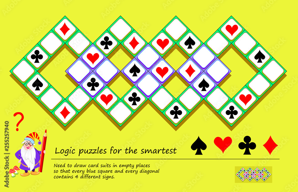 Logic puzzle game for smartest. Need to draw card suits in empty places ...