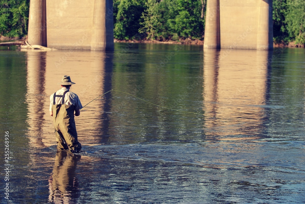 Person, man, wading into river under a bridge to fly fish. Stock Photo ...