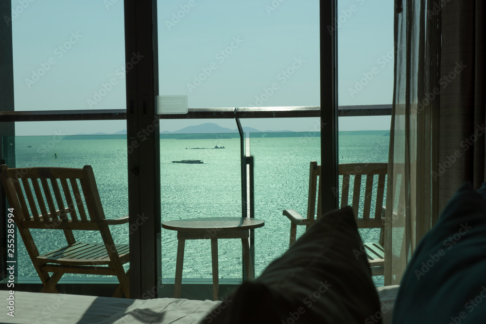 Nice sea view with clear blue sky from a balcony of a luxury hotel ...