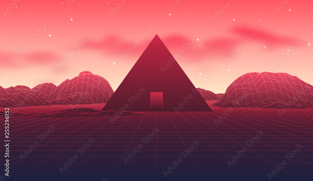 Ancient mysterious pyramid in 80s styled neon landscape with red sky ...
