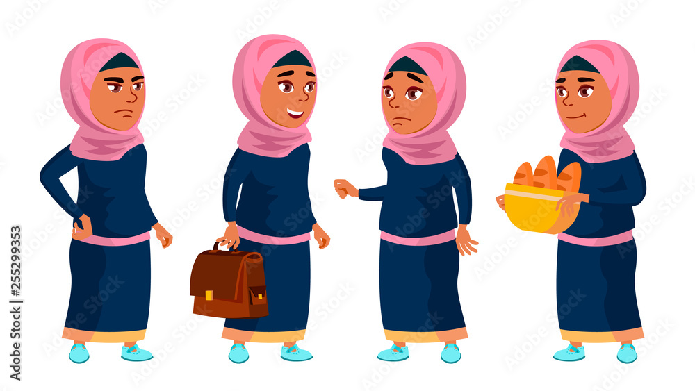 Arab, Muslim Girl School, Girl Kid Poses Set Vector. Teenager ...