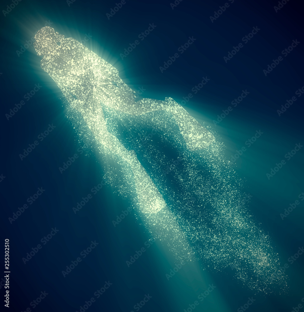 Silhouette of diver with trail of particles. The concept of sport ...