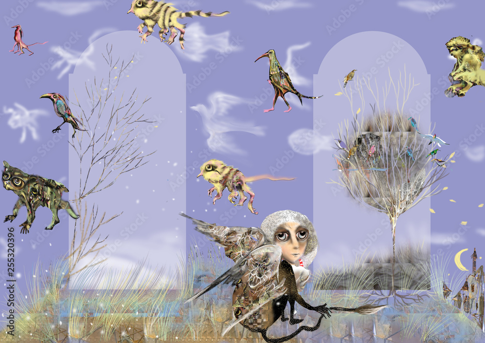 angel creature sitting with tail, different flying creatures in the sky ...
