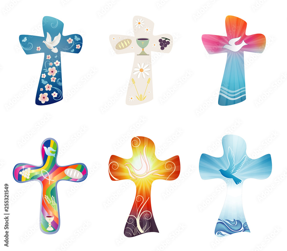 Set modern isolated Christian crosses. Cross collection with symbols of ...