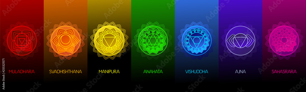 Chakra symbols set on dark background. Different styles, modern simple ...