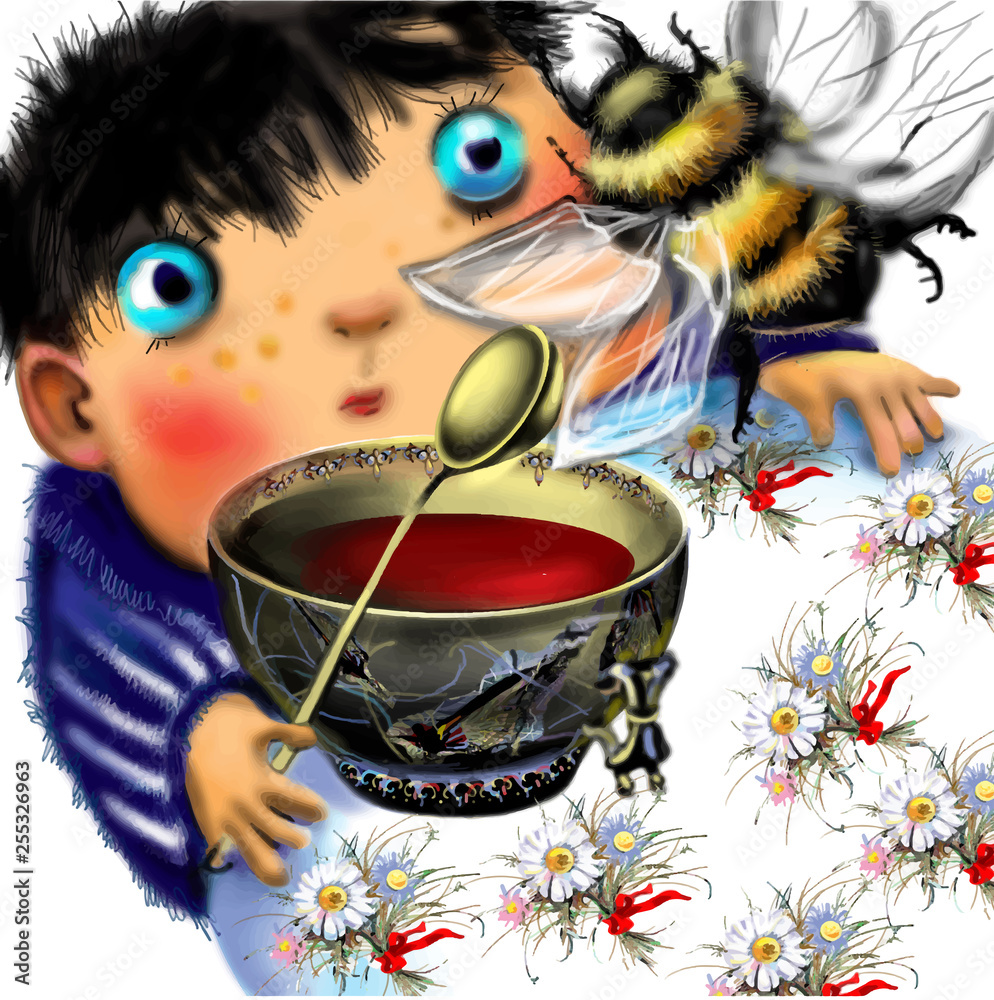 little boy with a cup of tea looking scared at a huge bee, children ...