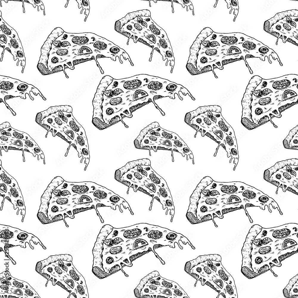 Pizza sketch pattern. Hand painted pizza slices, seamless pattern on a ...