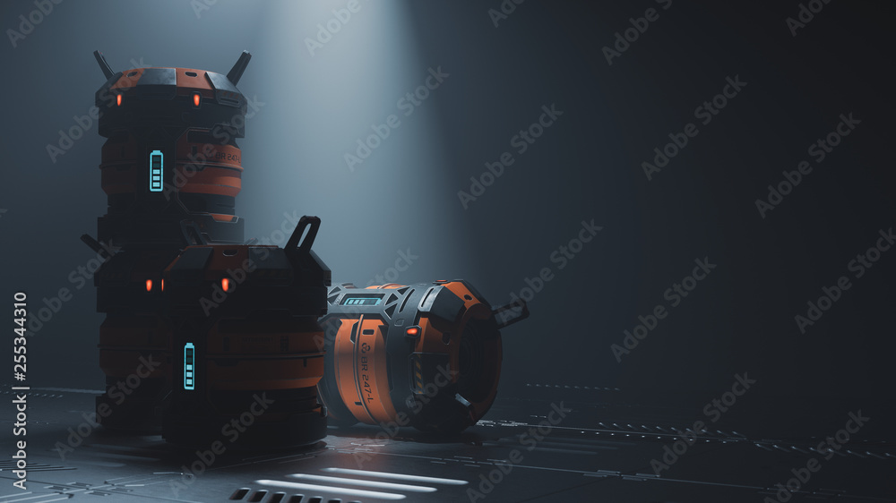3d rendering of barrels for sci-fi equipment. Sci-fi warehouse with ...