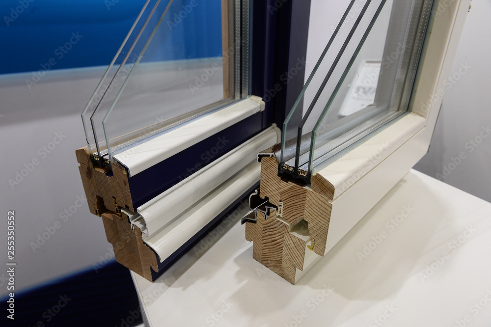 demonstration elements of a two-chamber plastic and wooden window to ...