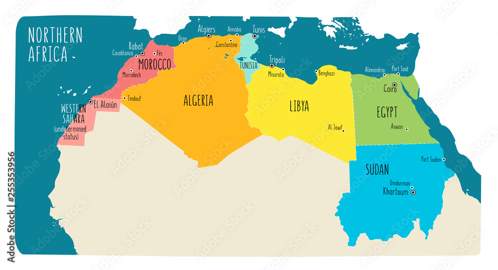 Colorful hand drawn political map of Northern Africa with English ...
