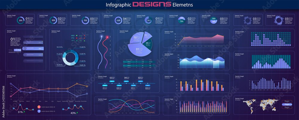 Modern network management data screen with colored charts and diagrams ...