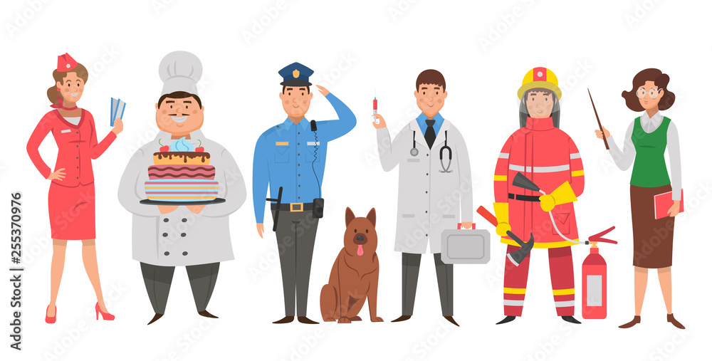 Flat cartoon characters: stewardess, chef, policeman, doctor, fireman ...