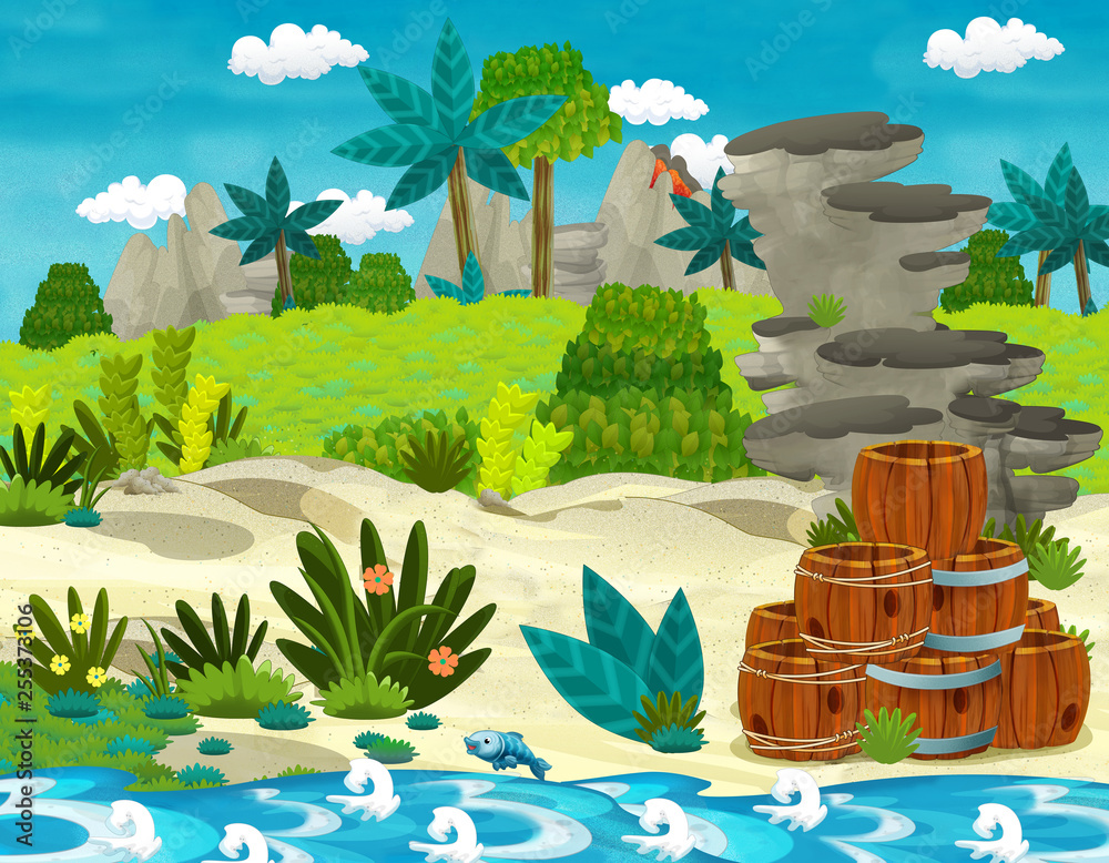 cartoon scene with beach shore with wooden traditional barrels on some ...