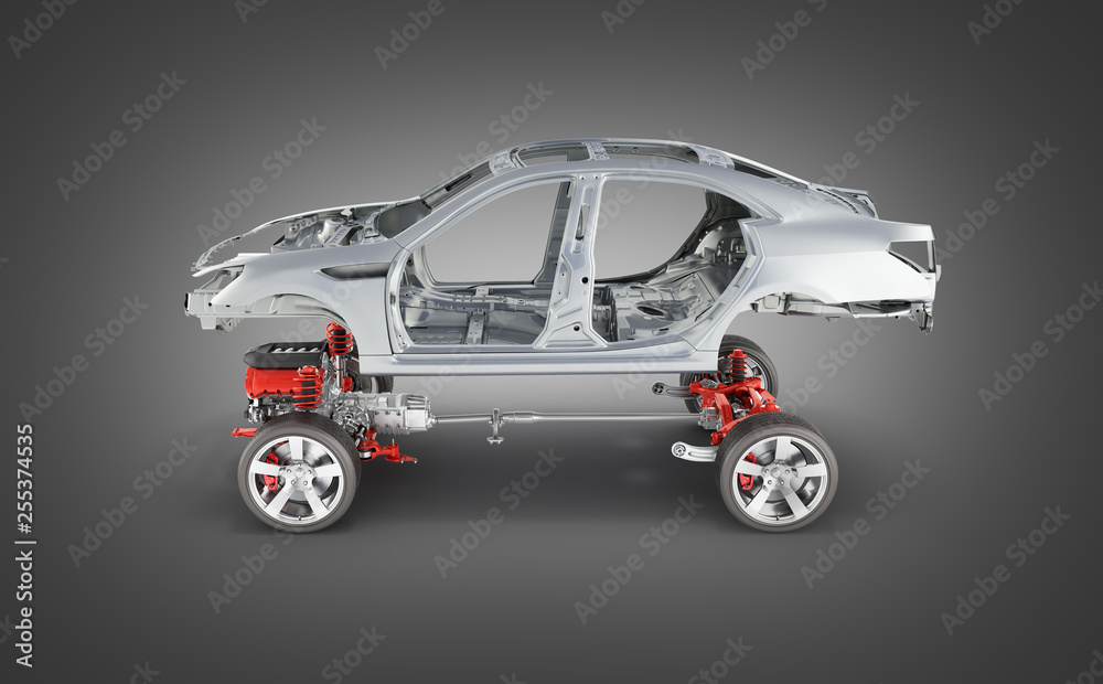 Body and suspension of the car with wheel and engine Undercarriage with ...