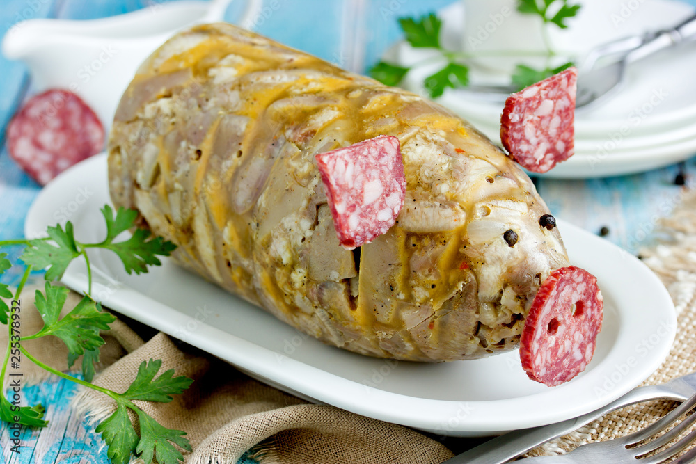 Russian dish holodets, headcheese, pork meat jelly, aspic in bottle ...