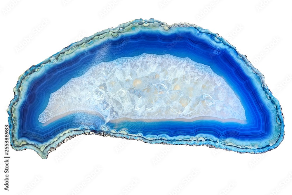 Amazing white blue Agate Crystal cross section isolated on white ...