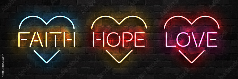 Vector set of realistic isolated neon sign of Faith, Hope and Love logo ...