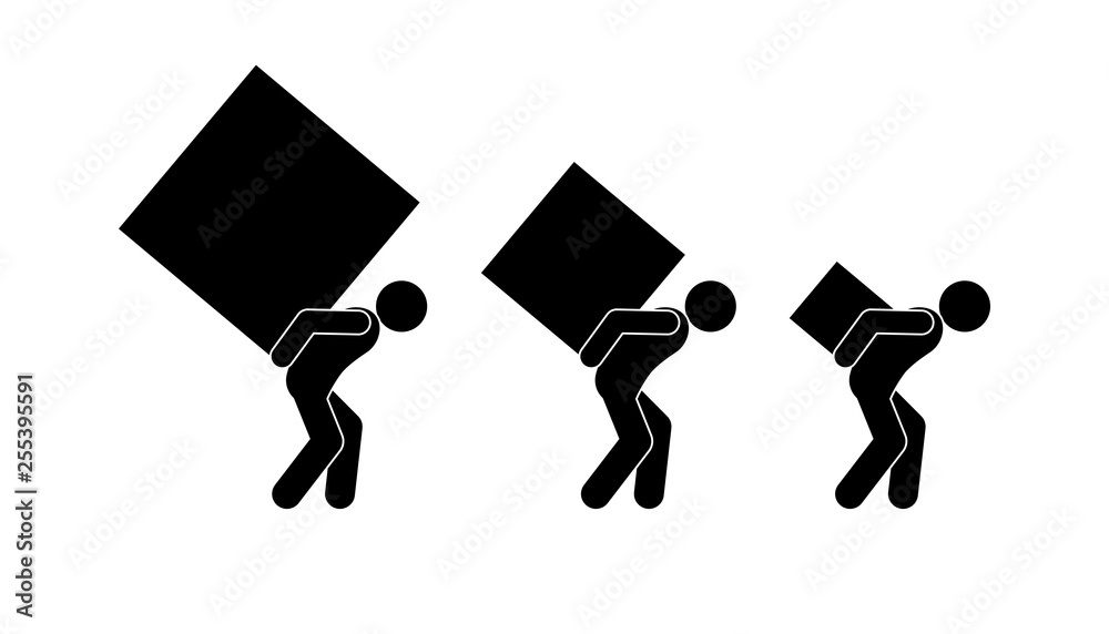 stick figure of a man icon, a loader carries a big box, a person ...