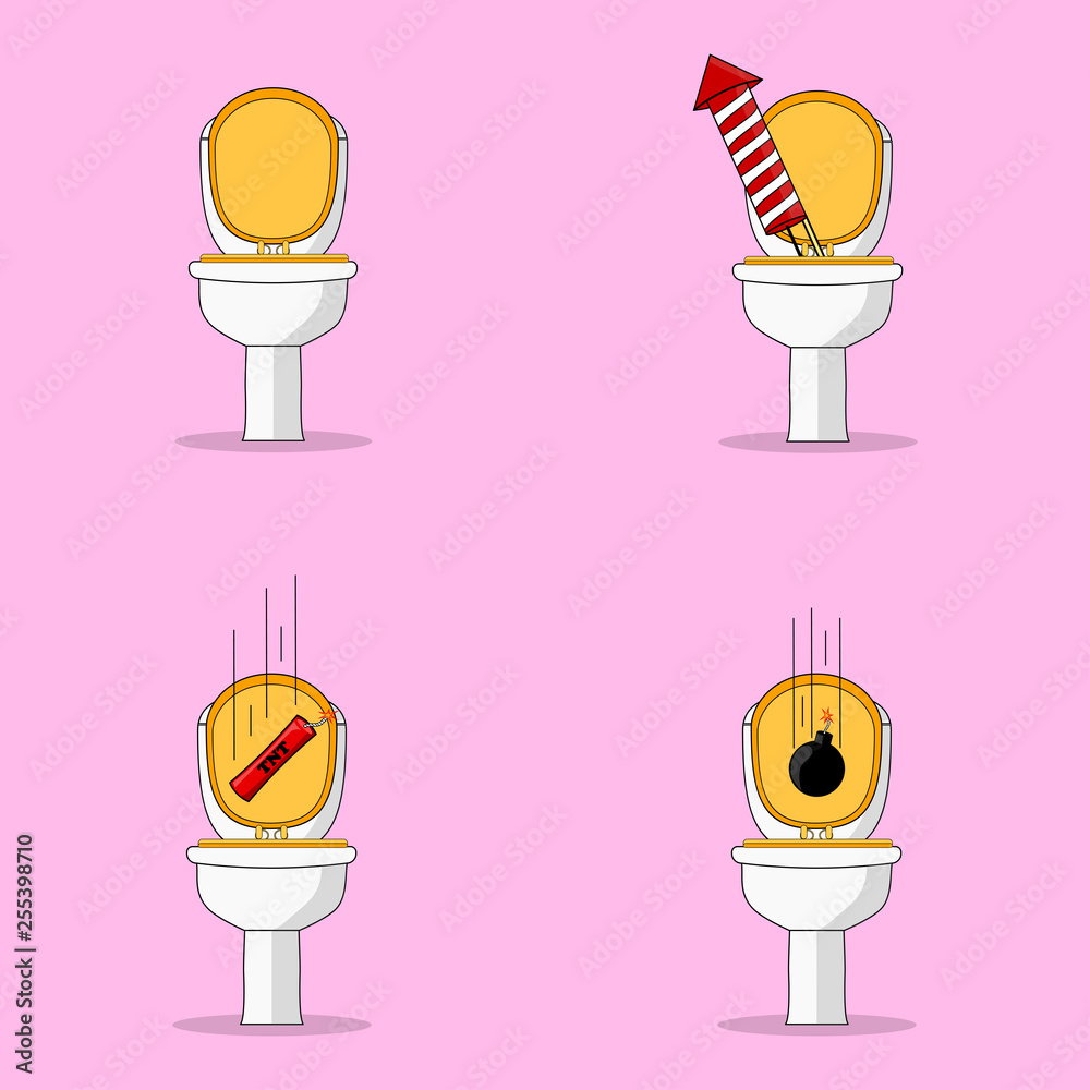 Toilet bowl, seat and round bomb, dynamite, rocket for fireworks ...