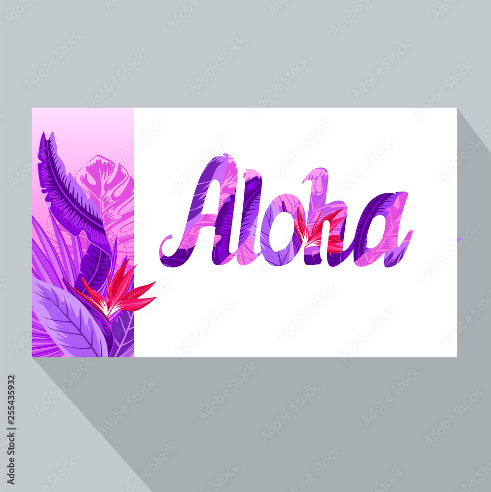 Aloha. Summer banner with tropical flowers, palm leaves, jungle plants ...