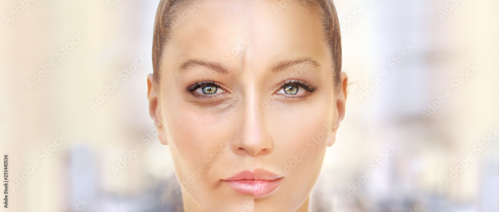 Aging. Mature woman-young woman.Face with skin problem.Showing photos ...