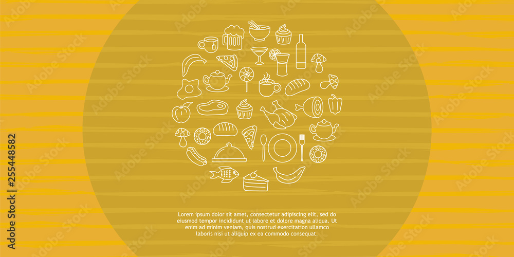 Food doodle background with icon of foods and drink hand drawn circle ...
