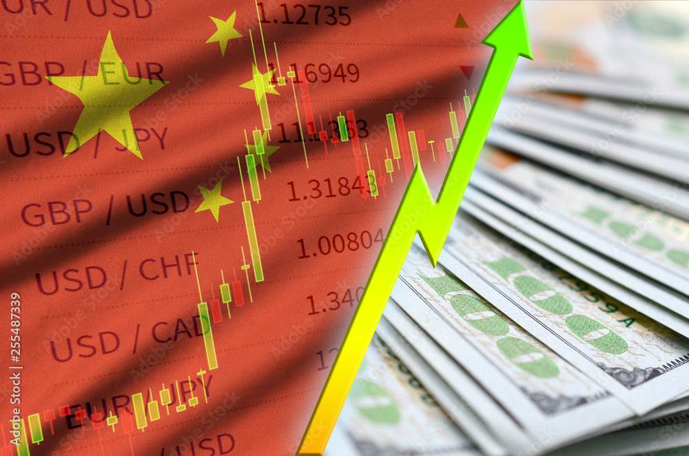 China flag and chart growing US dollar position with a fan of dollar ...
