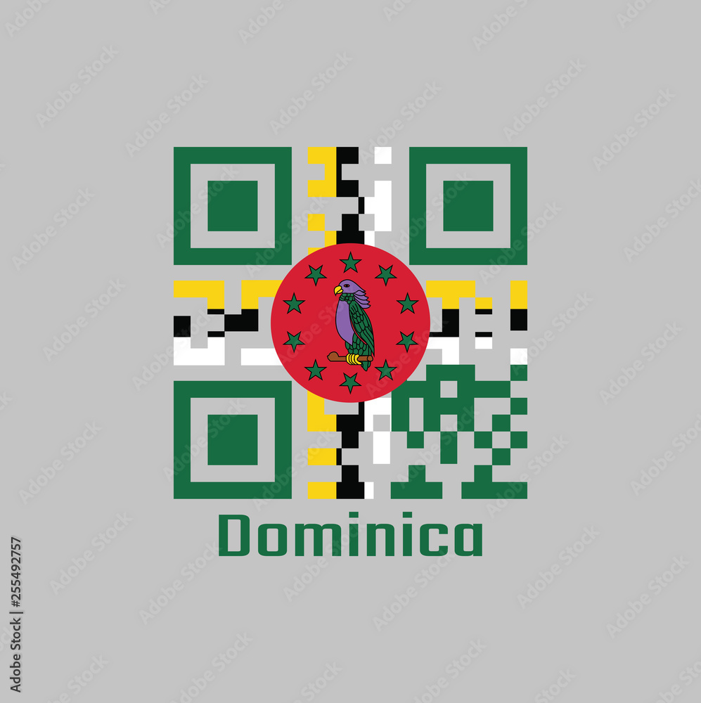 QR code set the color of Dominica flag, A green field with the centred ...