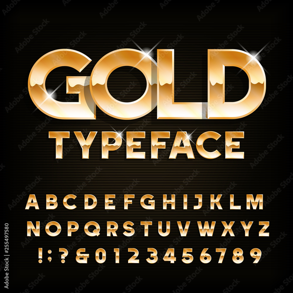 Gold alphabet typeface. Beveled shiny letters and numbers. Stock vector ...