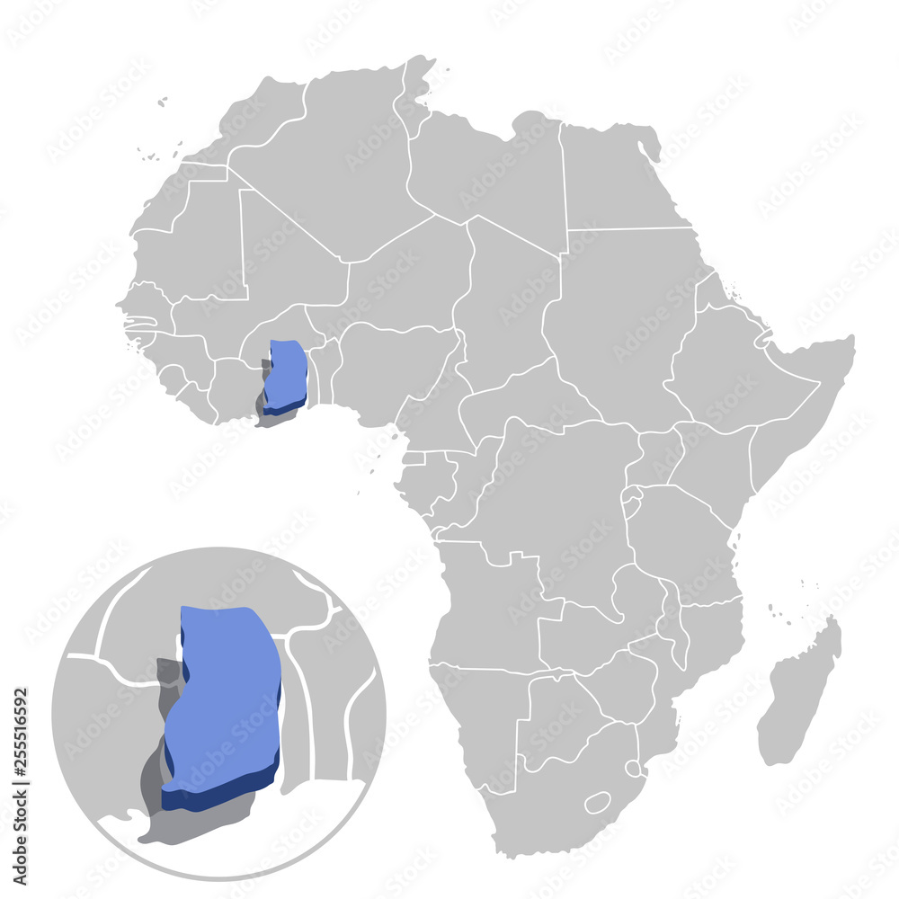 Vector illustration of Ghana in blue on the grey model of Africa map ...