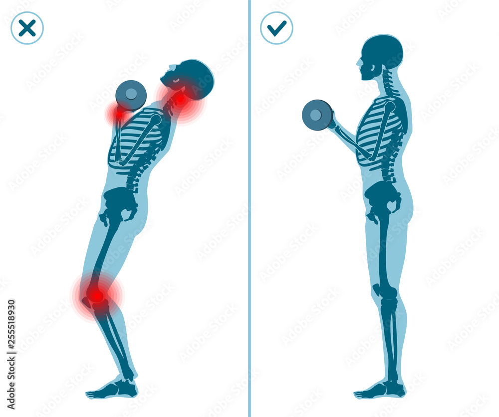 Vecteur Stock Wrong and correct standing barbell press start position ...