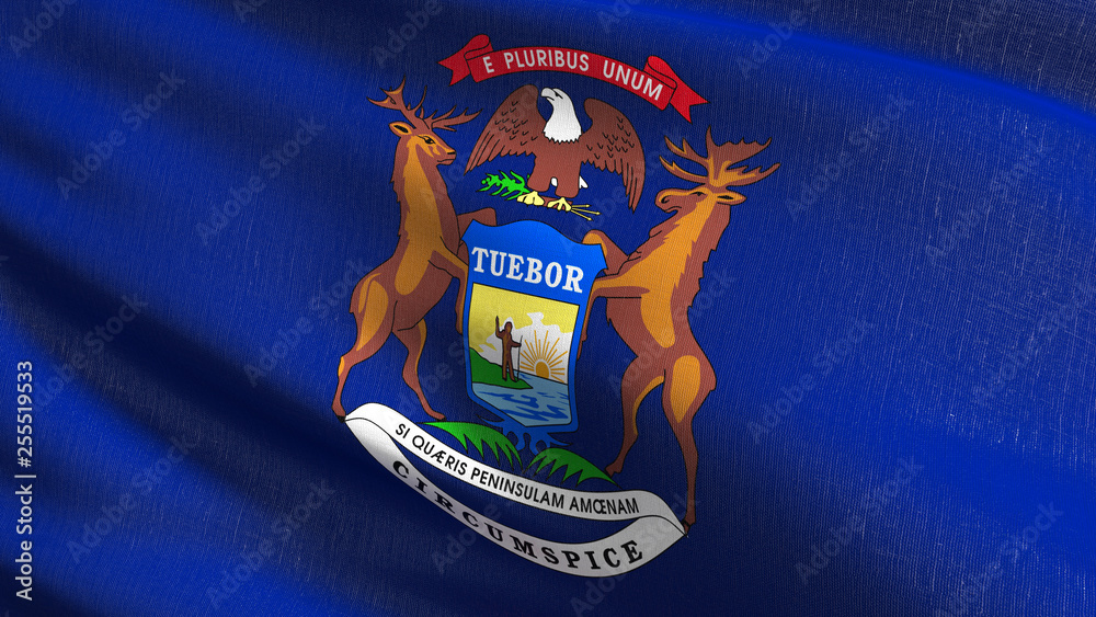 Michigan state flag in The United States of America, USA, blowing in ...