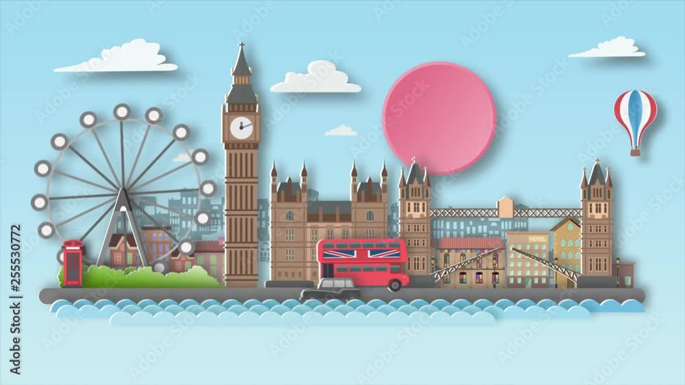London travel destination background video animation ,flat cartoon and ...