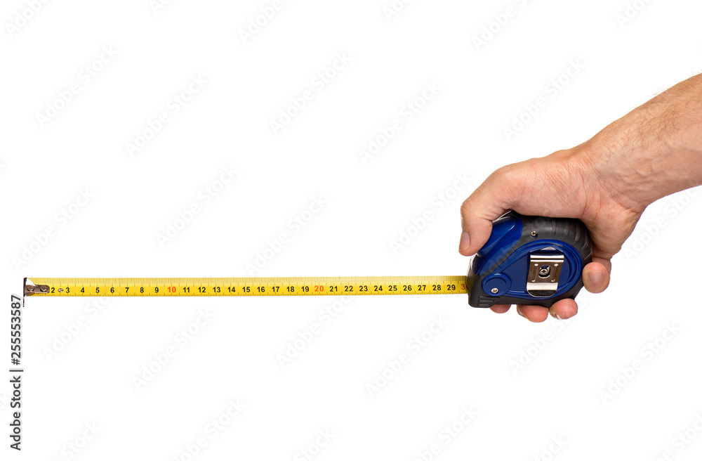 Male Hand with Tape-measure. Human Hand holding Tape measure, Isolated ...