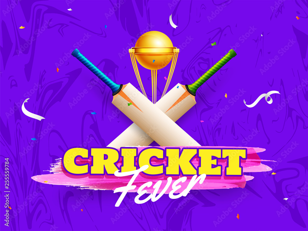Golden winning trophy with cricket bat on purple background for Cricket ...