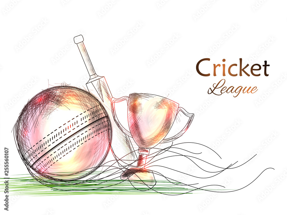 Hand draw illustration of cricket playing equipment for Cricket League ...