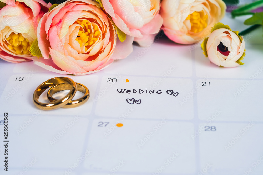 Word Wedding to Reminder Wedding day with Wedding ring on calendar ...