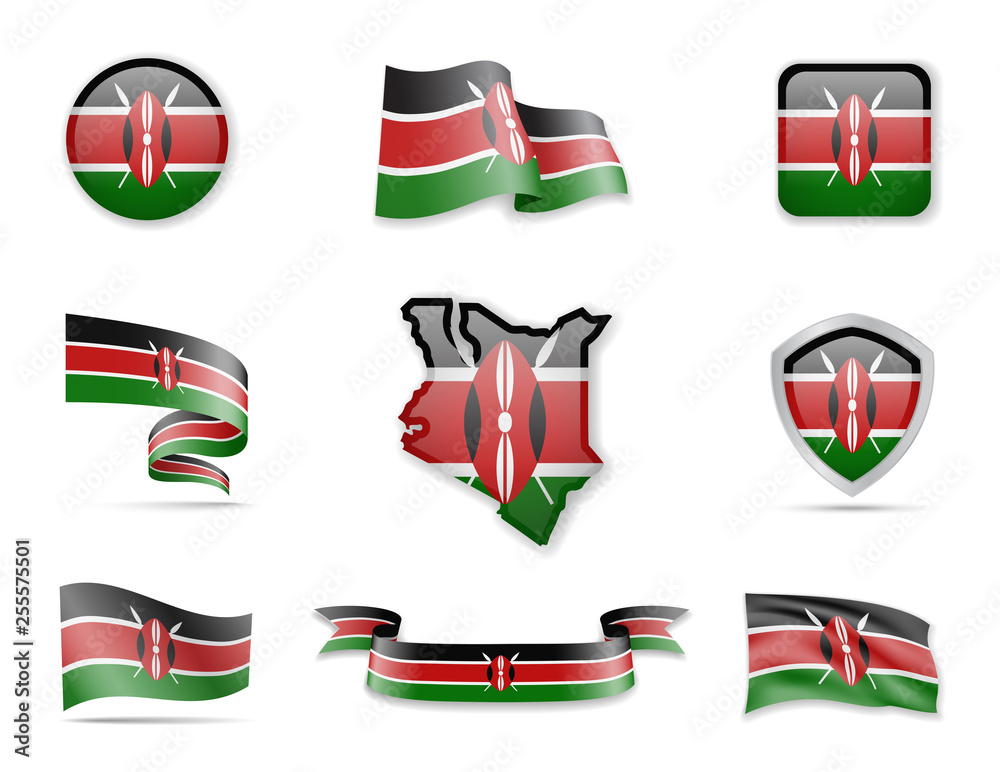 Kenya flags collection. Vector illustration set flags and outline of ...