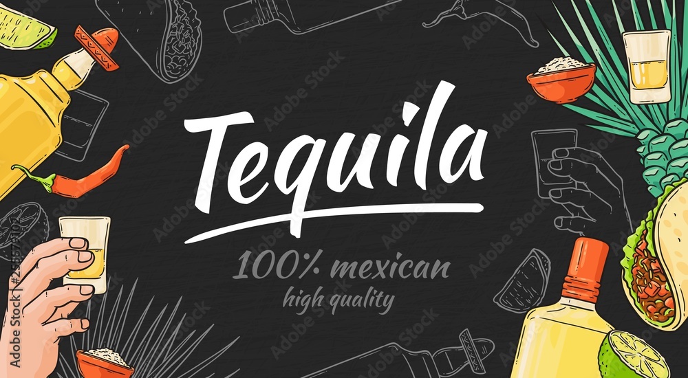 Tequila hand drawn background with mexican taco and pepper, bottle and ...