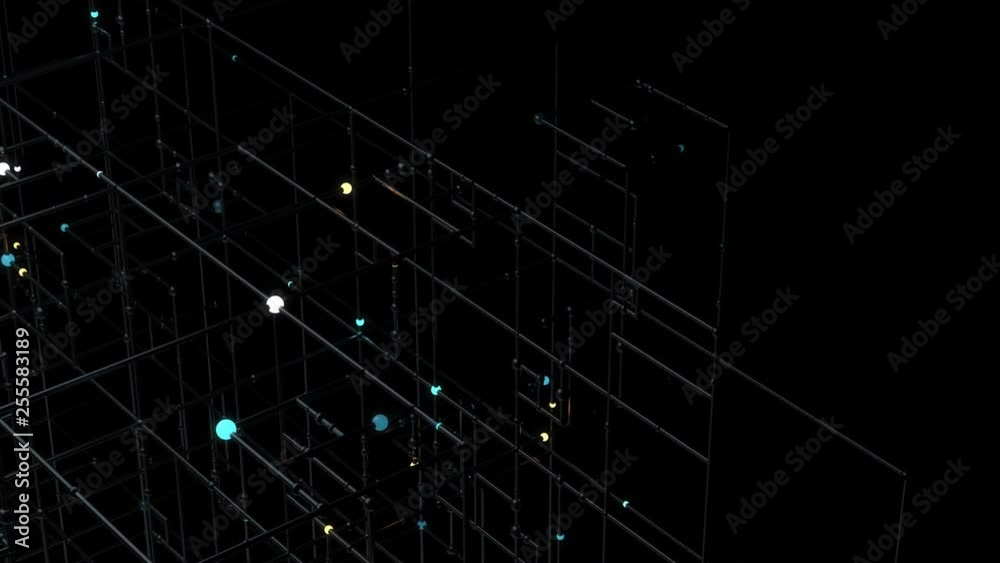 Colorfull 3d render of grid with bright sphere on the edges. Complex ...