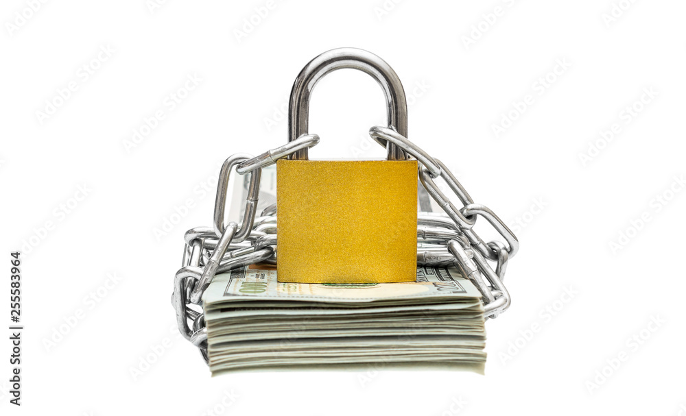 Stack of money wrapped by metal chain with padlock on white background ...