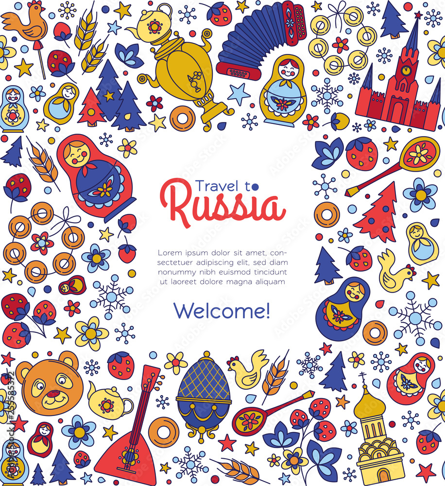 Russian Moscow colored thin line icons background border frame pattern ...