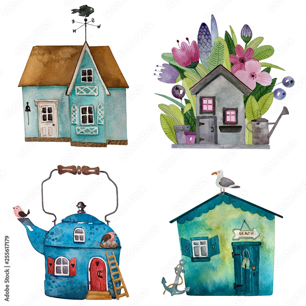 Watercolor illustration. Set of small cartoon houses . Sweet home. Hand ...