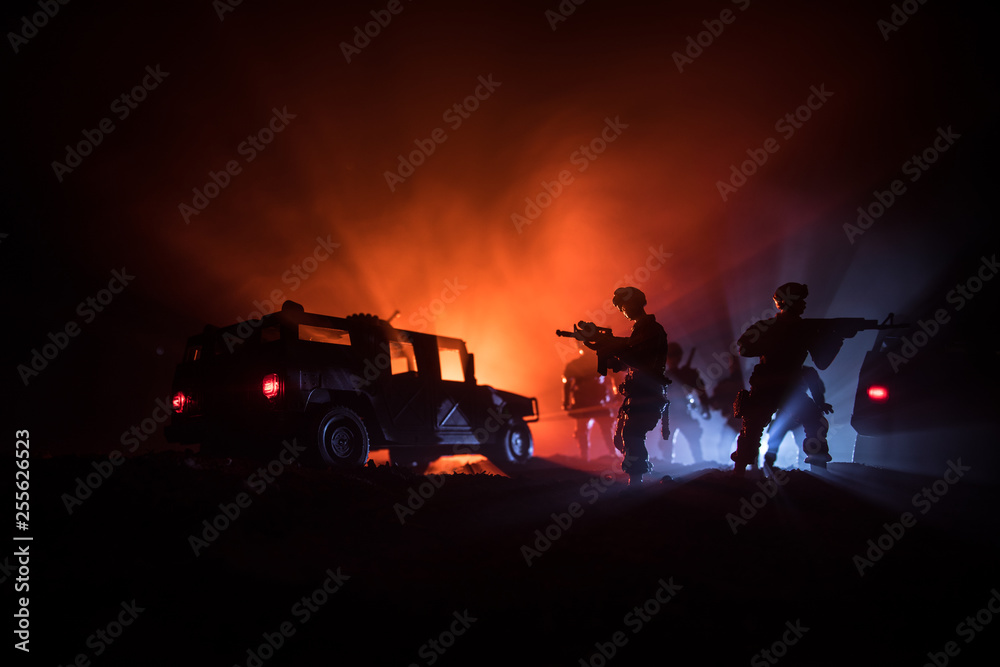 War Concept. Military silhouettes fighting scene on war fog sky ...