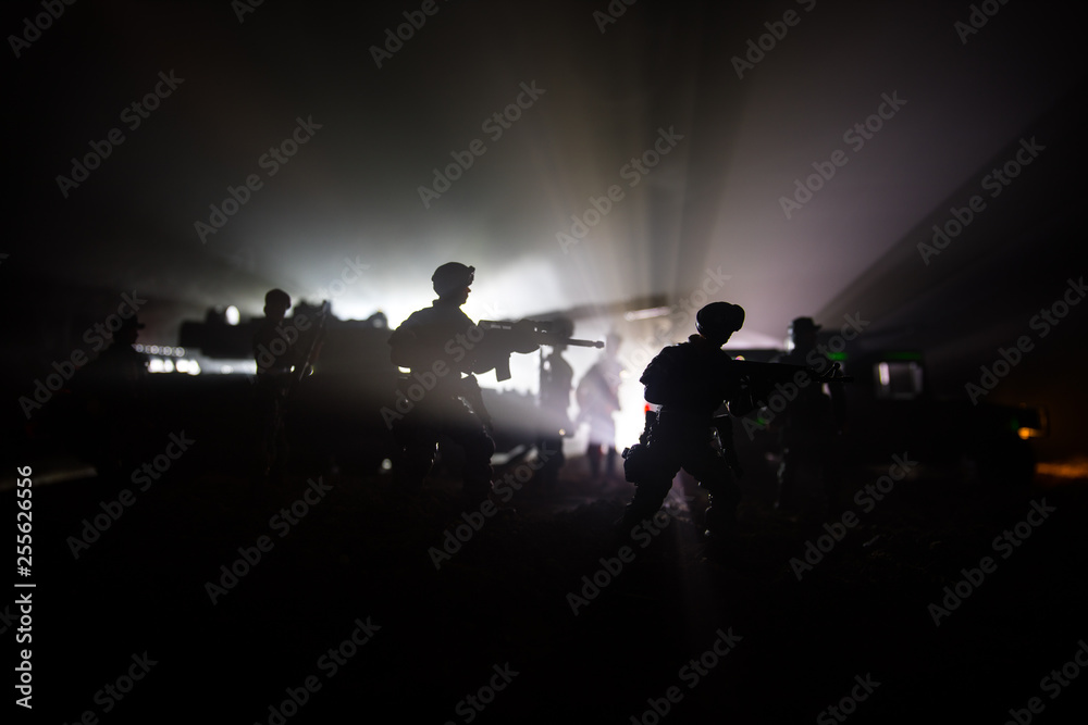 War Concept. Military silhouettes fighting scene on war fog sky ...