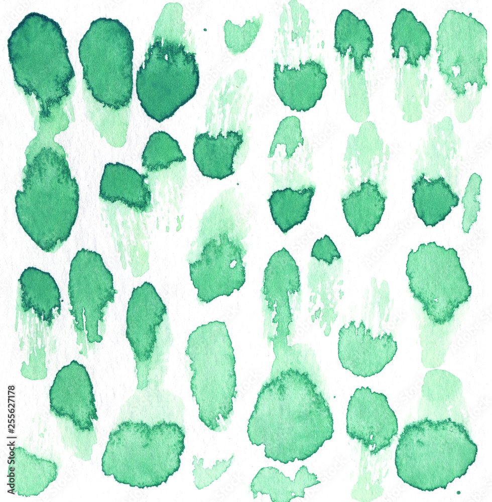 Hand drawn watercolor mint green spots on white textured background ...