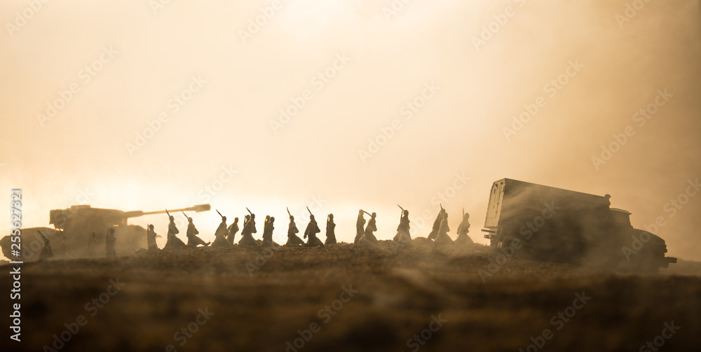 War Concept. Military silhouettes fighting scene on war fog sky ...