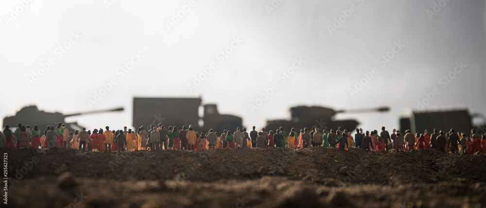 Captured by enemy concept. Military silhouettes and crowd on war fog ...