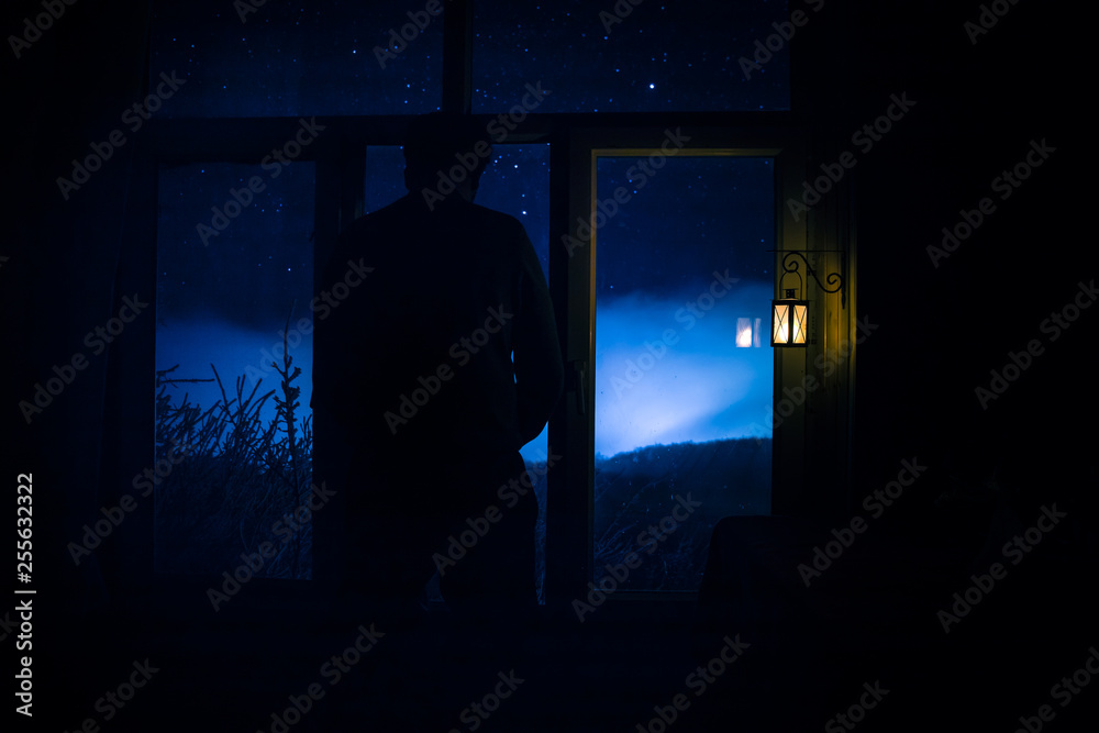Silhouette of an unknown shadow figure on a door through a closed glass ...