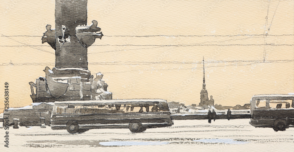 Winter St. Petersburg, Rostral column and Peter and Paul fortress ...